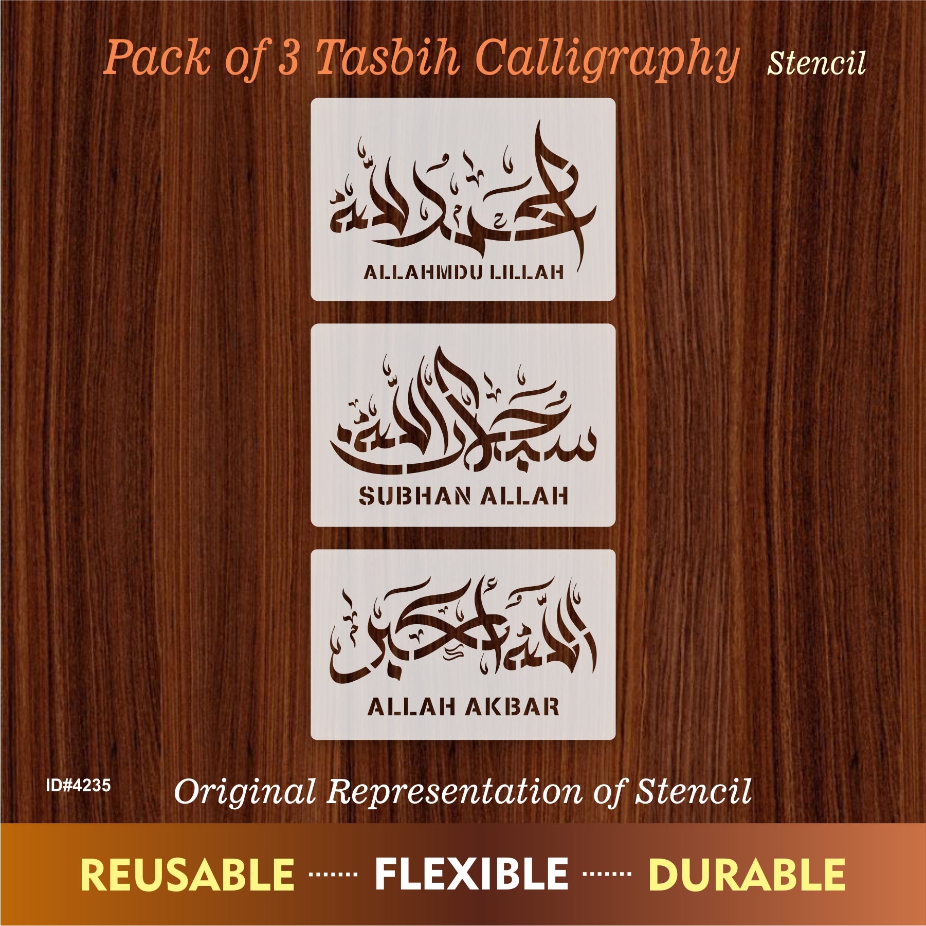 Pack Of 3 Tasbih Calligraphy Islamic Reusable Stencil for Canvas and w ...