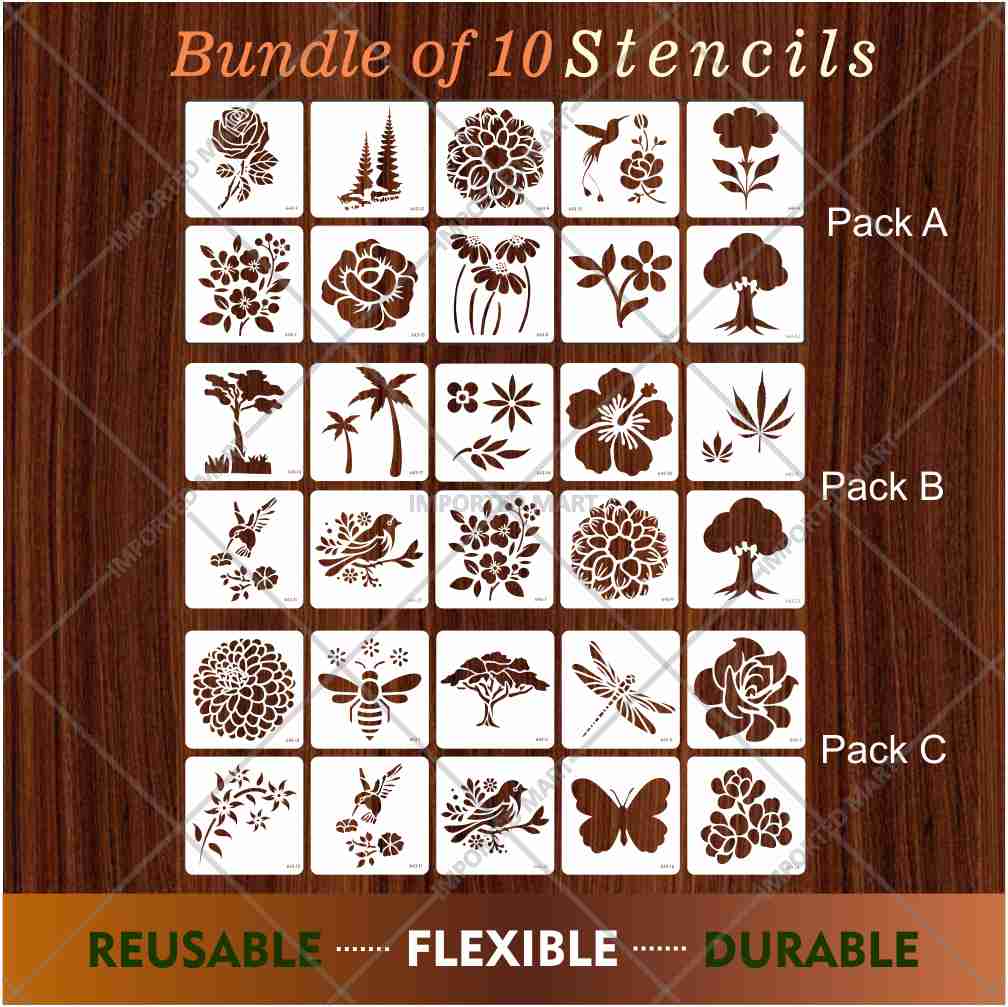 Pack of 10Pcs Nature Inspired Wall Art Stencils | Painting and Scrapbo ...