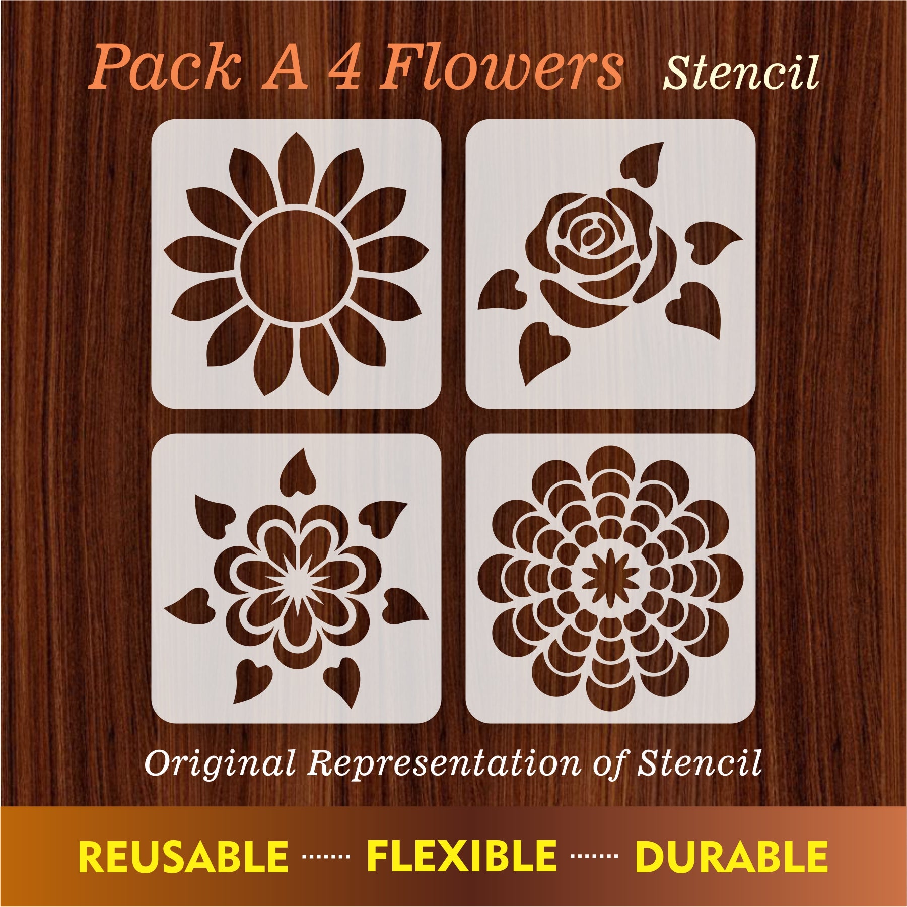 Pack of 4 Reusable Stencil For Canvas And Wall Painting.ID#209B ...