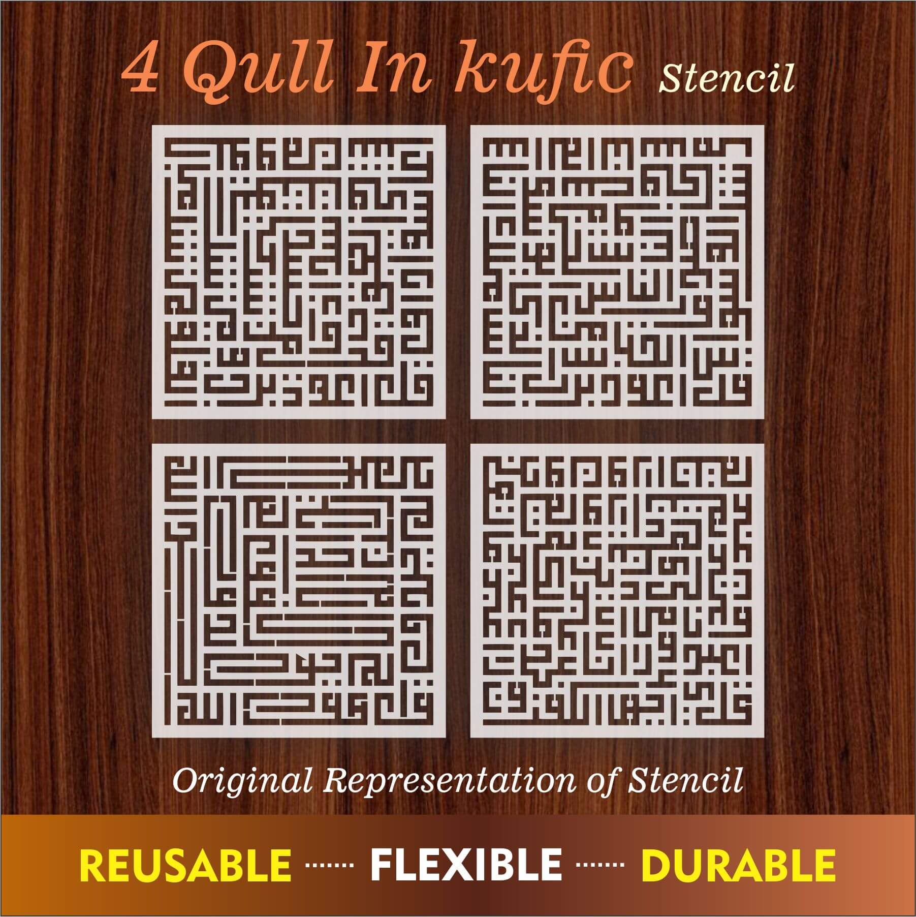 4 Qul In kufic Calligraphy Islamic Reusable Stencil for Canvas and wal ...