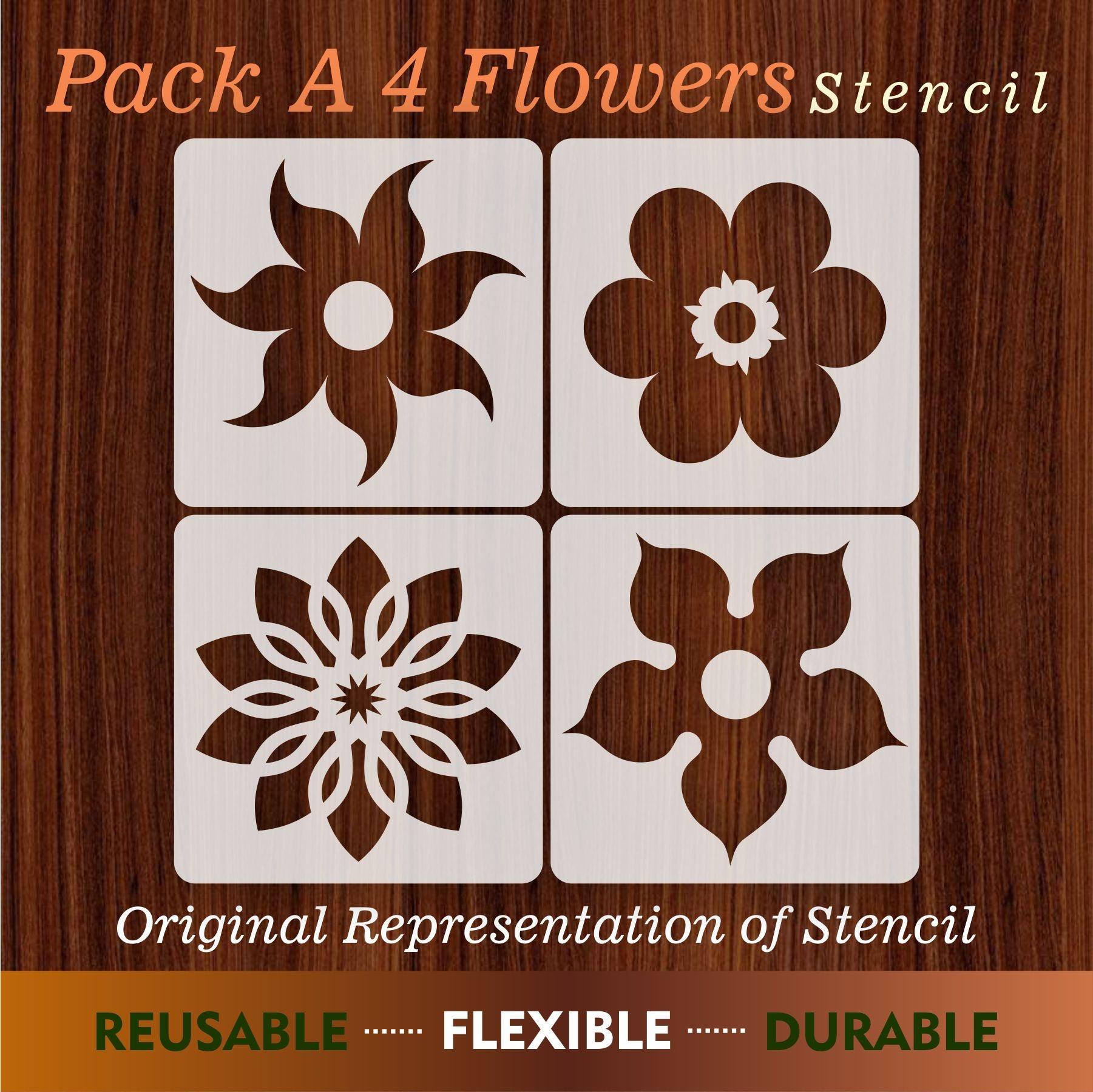 Pack of 4 Wall Decoration floral Reusable Stencil for Canvas and wall ...